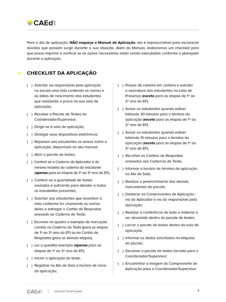 Checklist para Aplicação de Testes CAEd | PDF