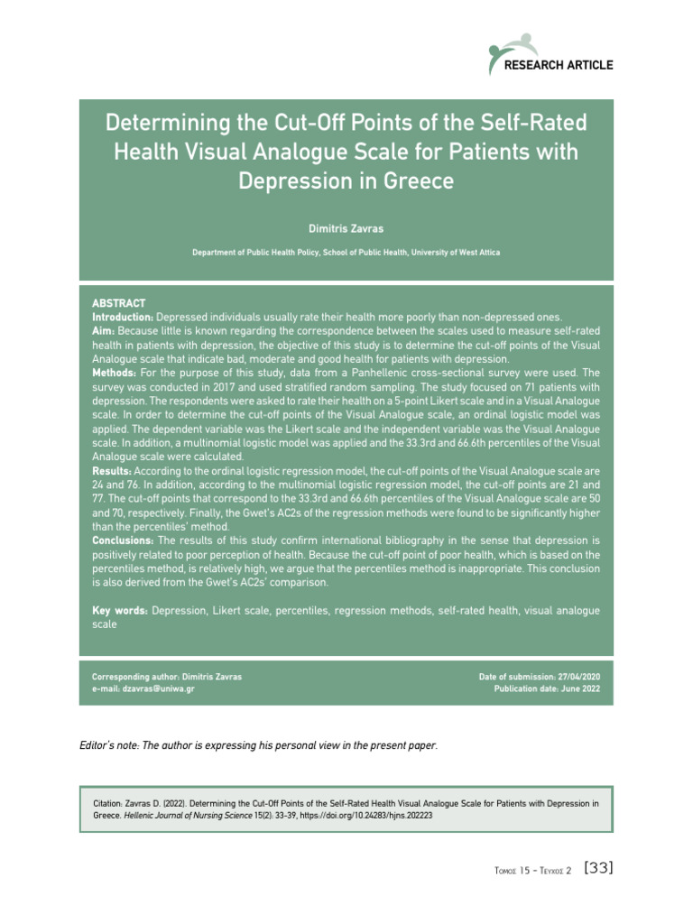 Cut-Off Points for Health Scale in Depression | PDF | Logistic ...