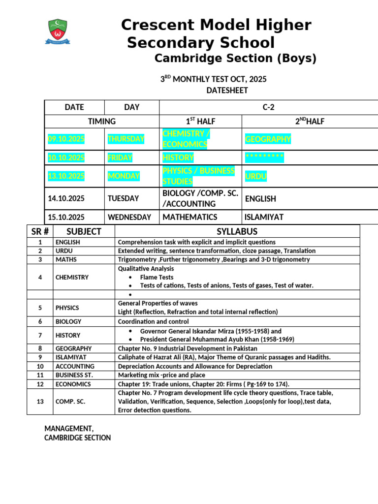 C-2, Datesheet 3rd Monthly Test Oct, 2025 | PDF
