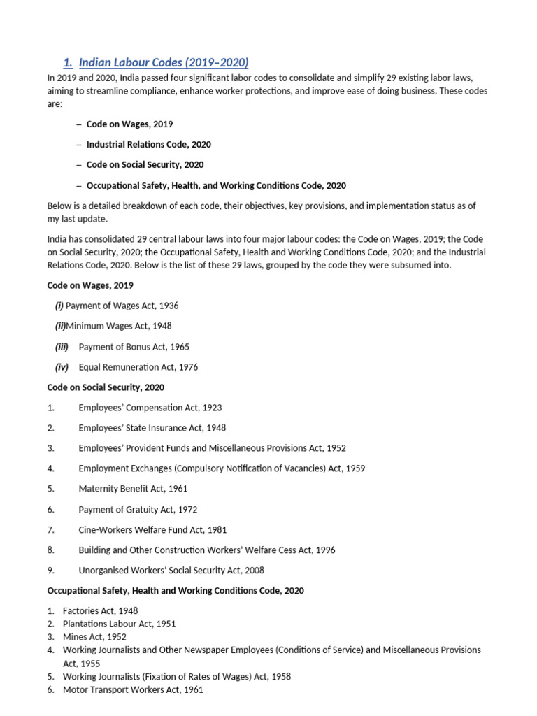 Indian Labour Codes (2019-2020) : (I) (Ii) (Iii) (Iv) | PDF | Cost Of ...