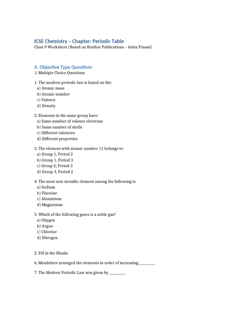 ICSE Chemistry - Chapter: Periodic Table: A. Objective Type Questions | PDF