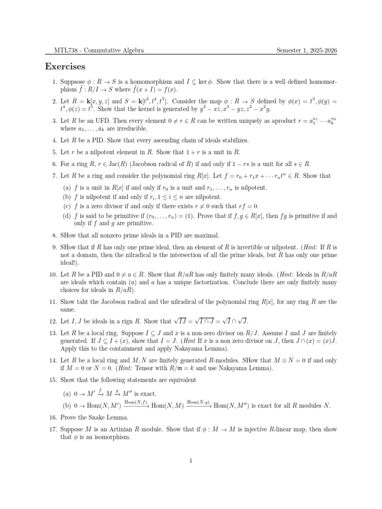 Commutative Algebra Exercises 2025-2026 | PDF | Ring (Mathematics ...