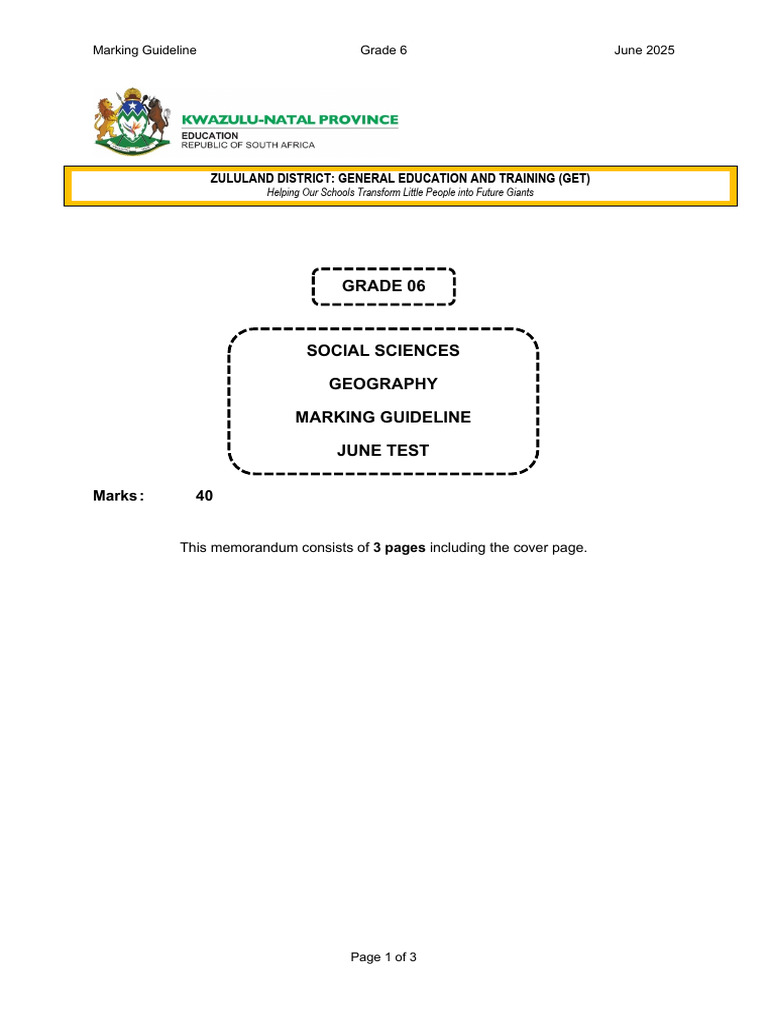Social Sciences (Geography) Grade 6 Test Marking Guideline June 2025 ...