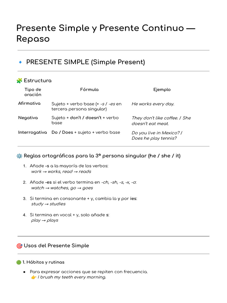 Presente Simple y Presente Continuo - Repaso | PDF | Semántica ...