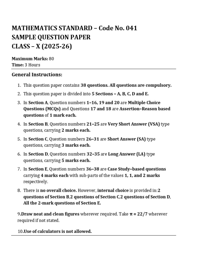 Class X Mathematics Sample Paper 2025-26 | PDF | Quadratic Equation ...