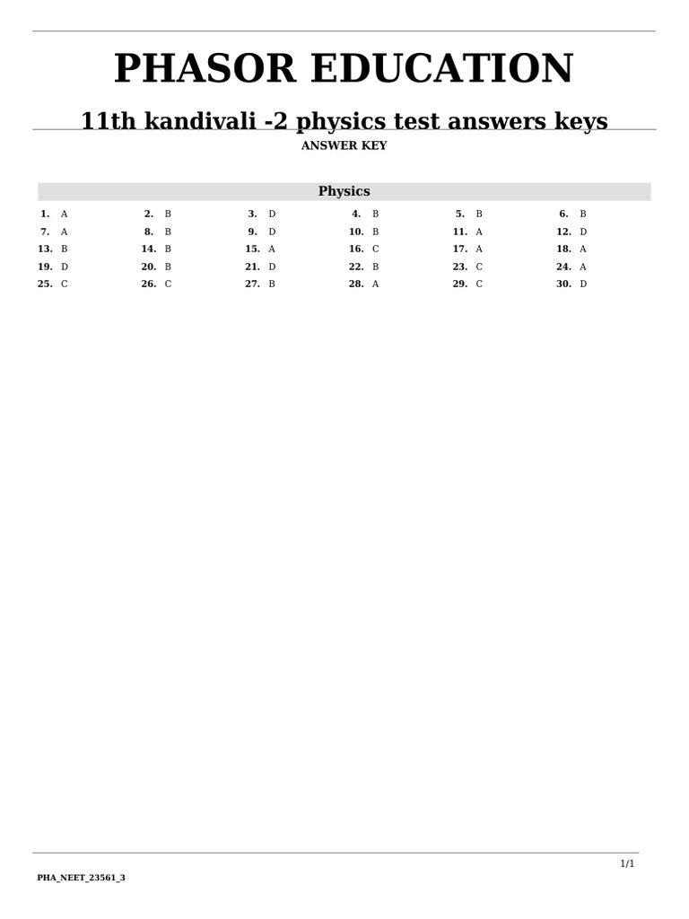 11th Kandivali Batch 2 Physics Test Answers Keys | PDF