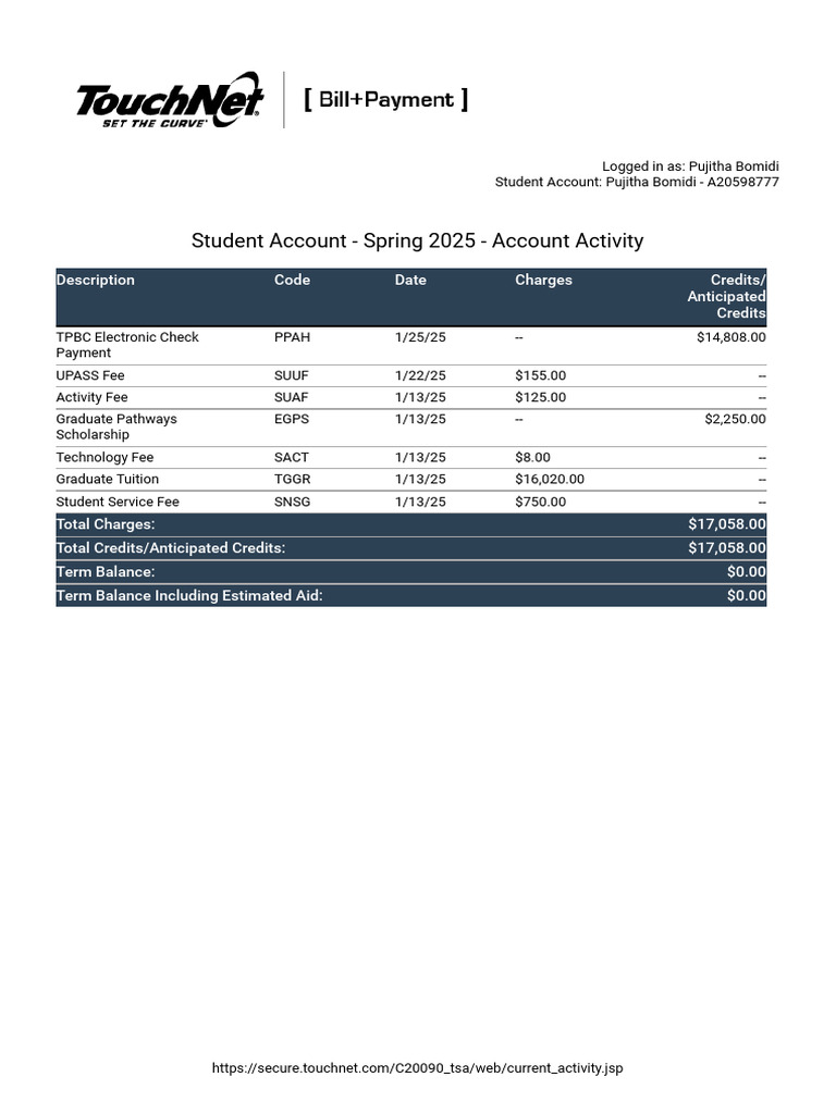 Spring 2025 Student Account Summary | PDF