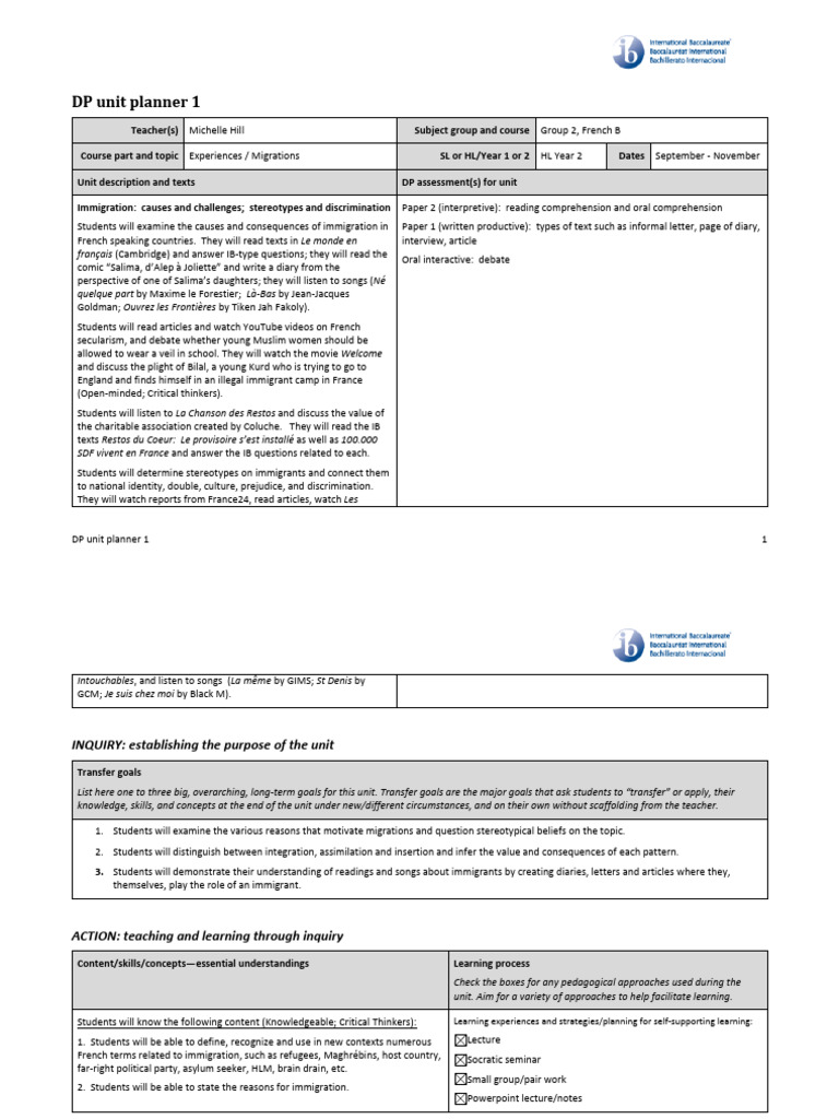Updated French Unit Plan Immigration | PDF | Vocabulary | Behavior ...