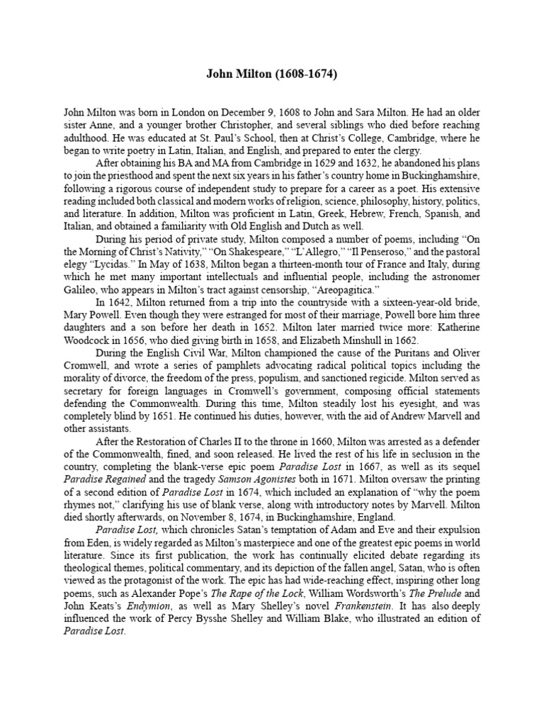 John Milton (Biography & Paradise Lost Introduction and Text) | PDF ...