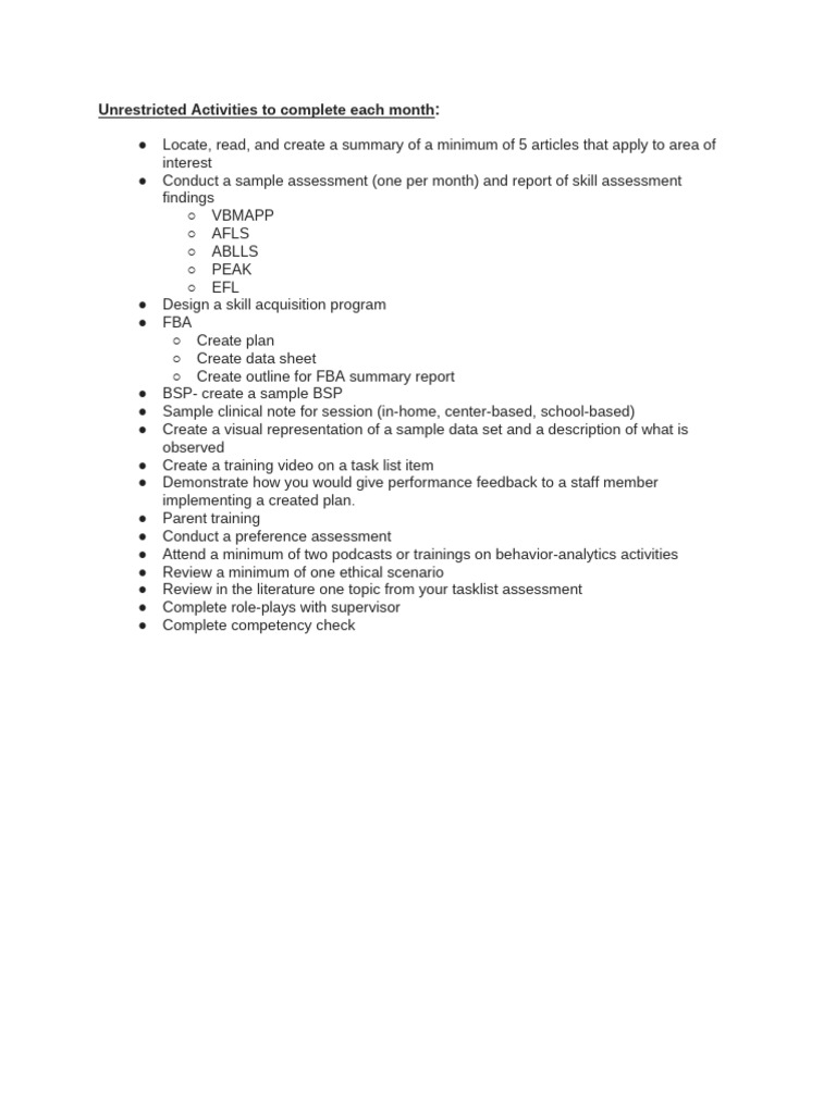 Unrestricted Activities To Complete Each Month | PDF