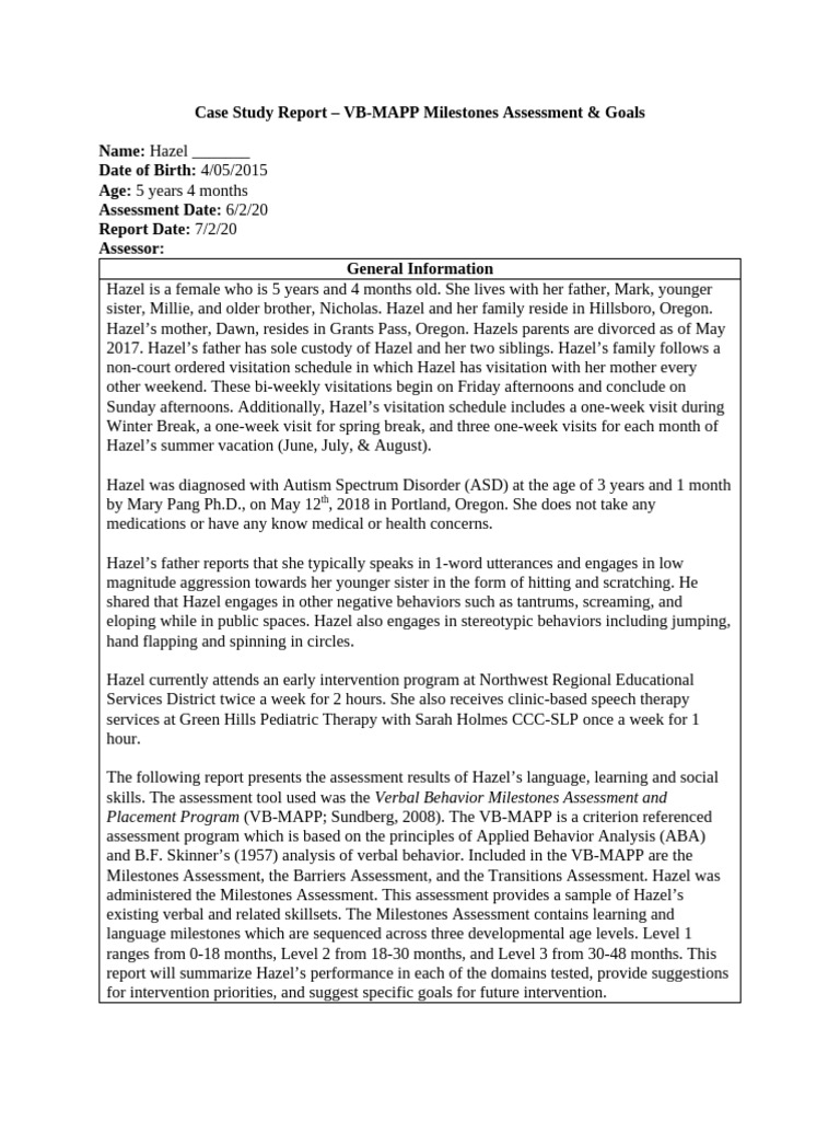 VB-MAPP Assessment Case Study: Hazel | PDF | Psychological Concepts ...