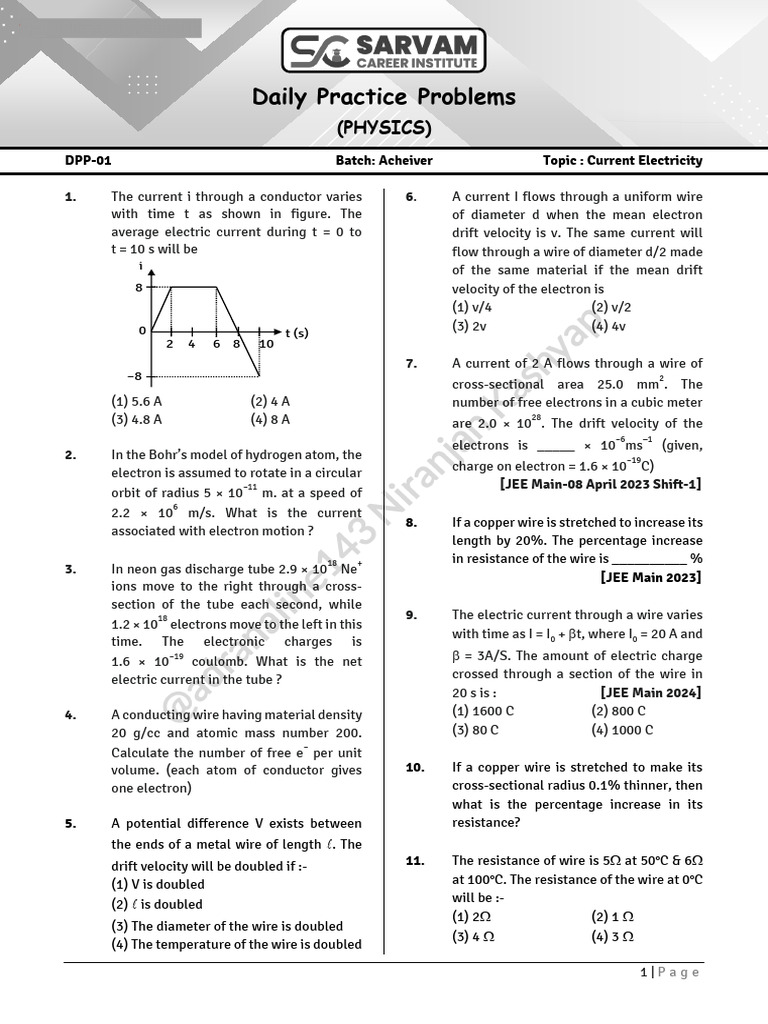 Current Electricity DPP (1-4) (Kashyap) ??? | PDF | Electric Current ...