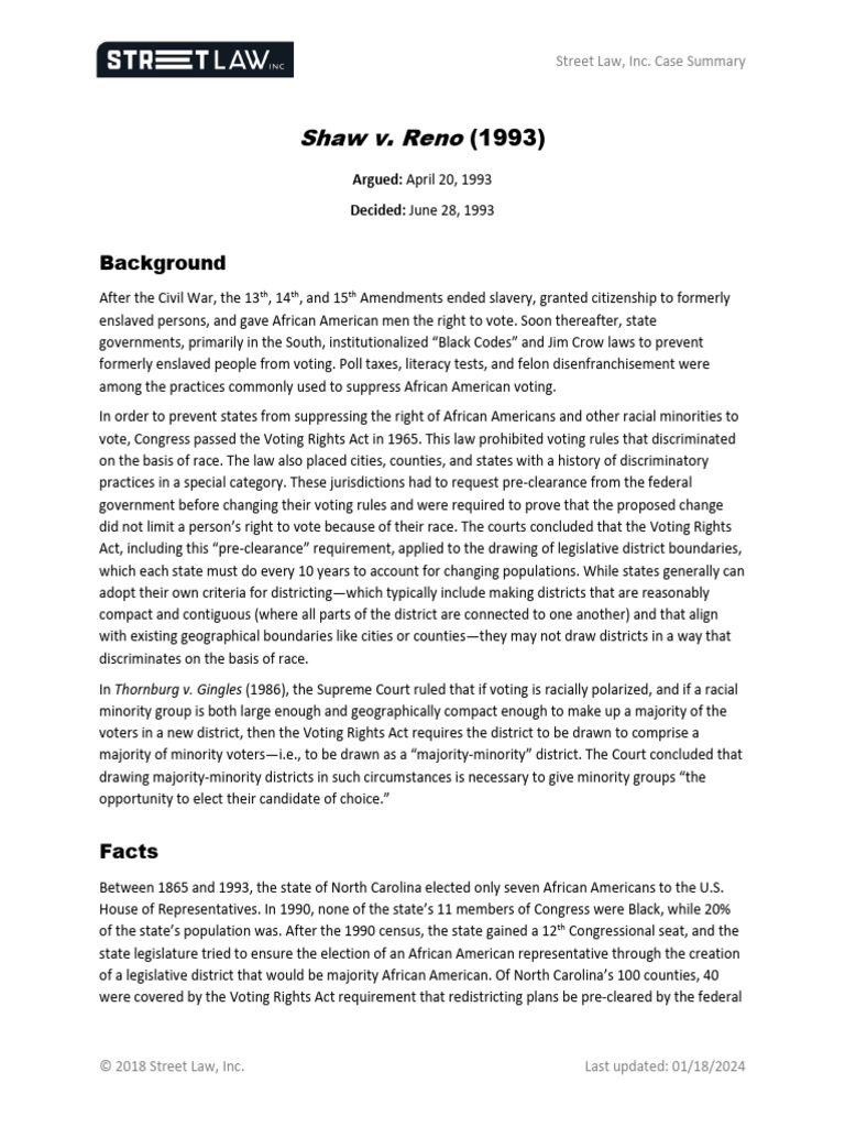 Shaw V Reno Case Summary Streetlaw | PDF | Fourteenth Amendment To The ...