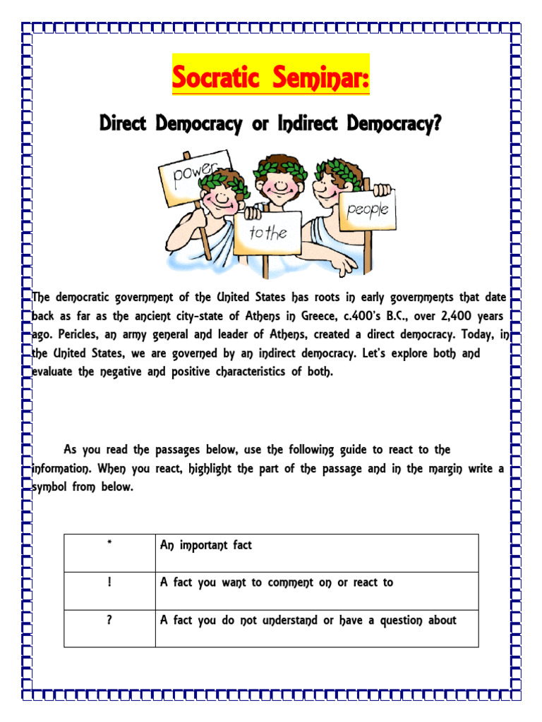 Socratic Seminar:: Direct Democracy or Indirect Democracy? | PDF ...