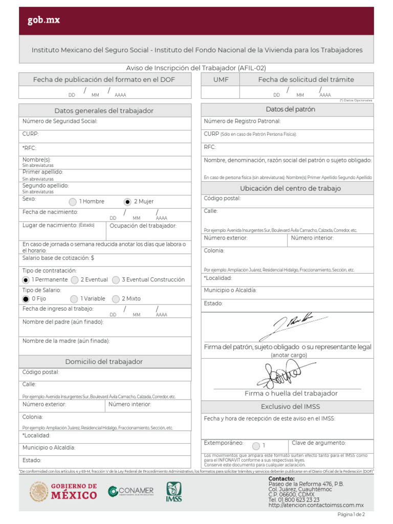 Formato de Inscripción al IMSS AFIL-02 | PDF | Certificado de nacimiento