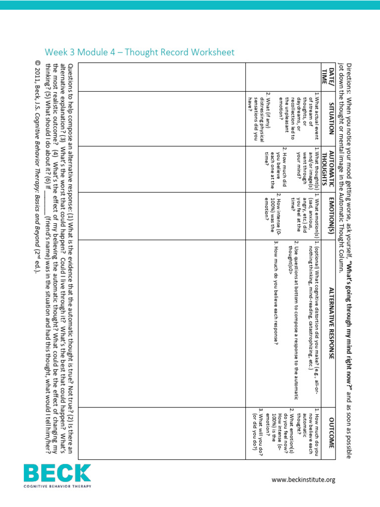 CBT Thought Record Worksheet Guide | PDF | Thought | Emotions
