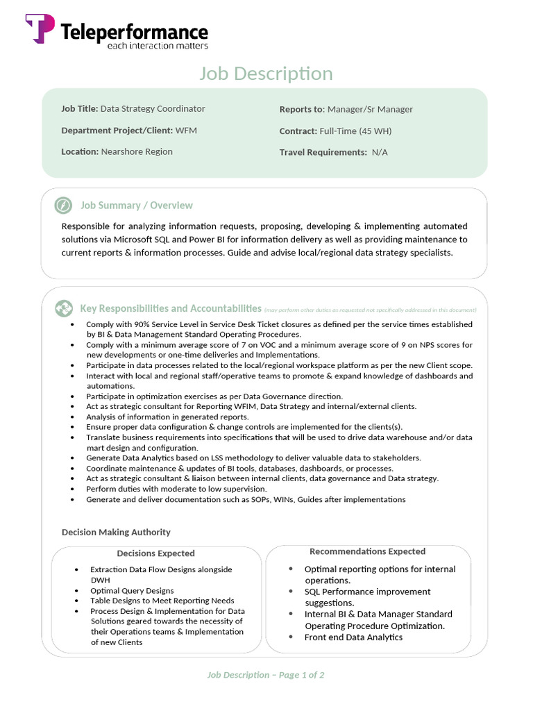 Data Strategy Coordinator Job Overview | PDF | Microsoft Sql Server ...