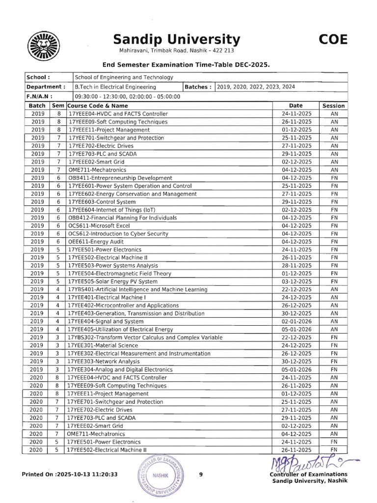 Sandip University B.Tech Exam Timetable | PDF | Electrical Engineering ...