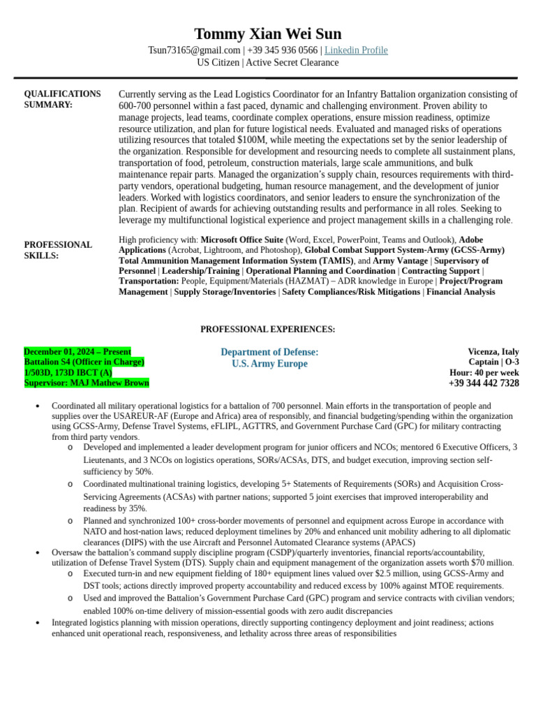 Resume - Bullet Format CAO 15JUN | PDF | Logistics | Dangerous Goods