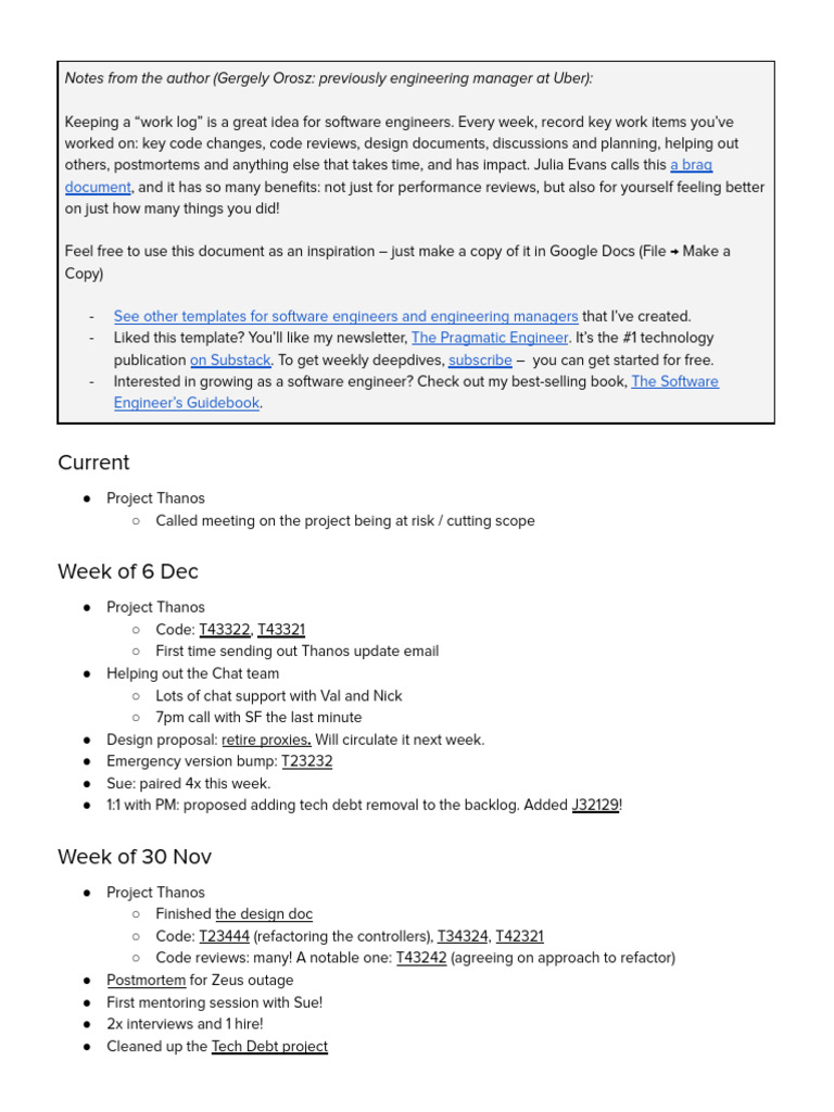 Cópia de Work Log Template For Software Engineers (The Pragmatic ...