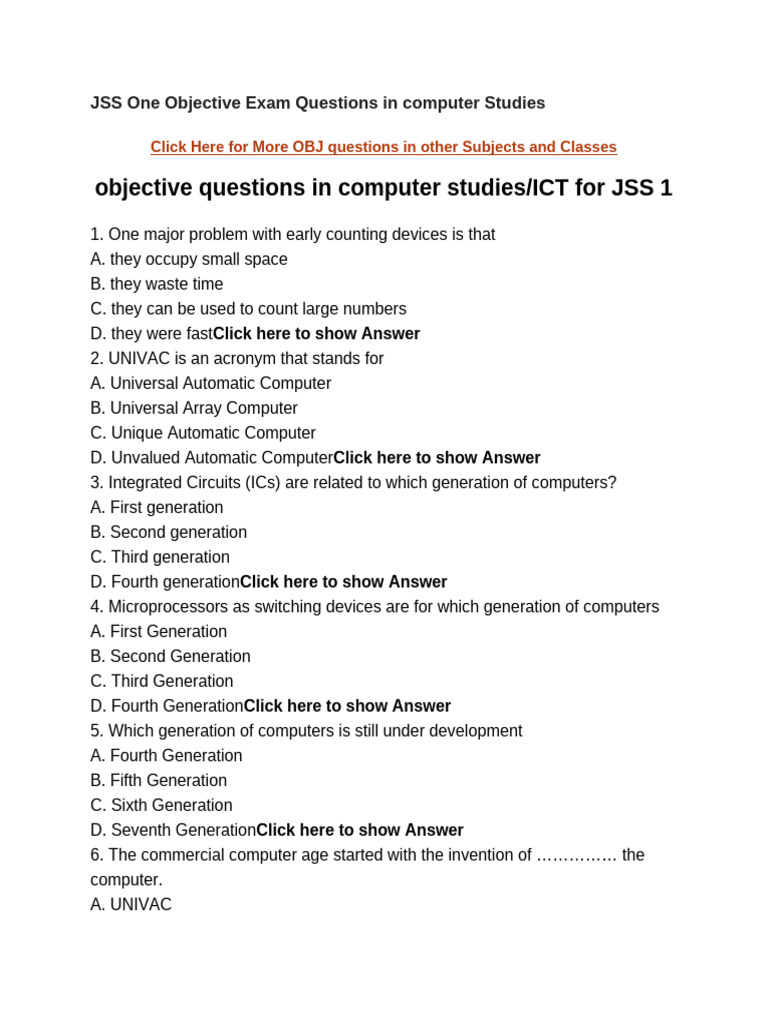 JSS One Objective Exam Questions in Computer Studies | PDF | Curriculum ...