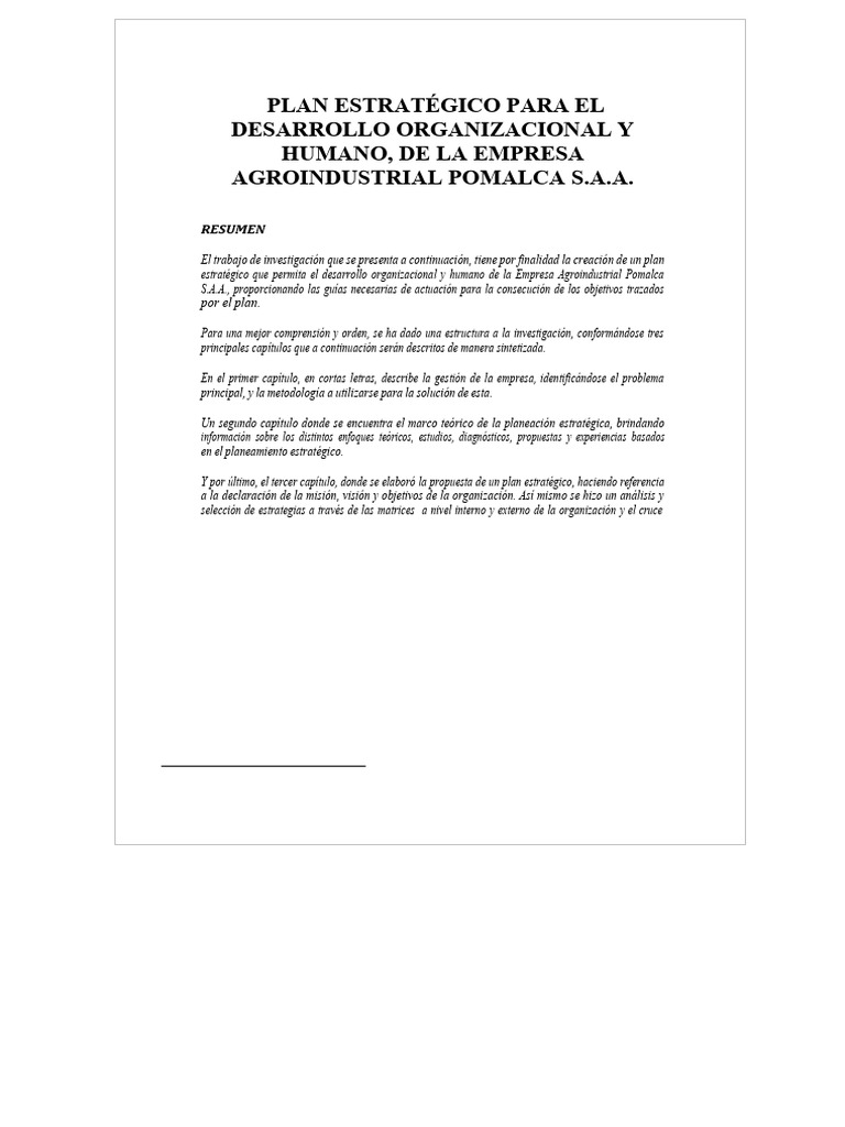 Plan Estratégico para Pomalca S.A.A. | PDF | Planificación estratégica ...