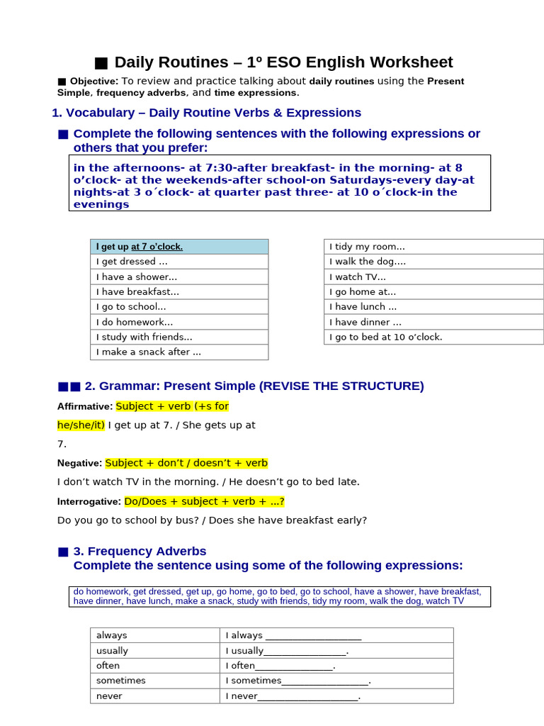 Daily Routines Worksheet for 1º ESO | PDF | Subject (Grammar) | Verb