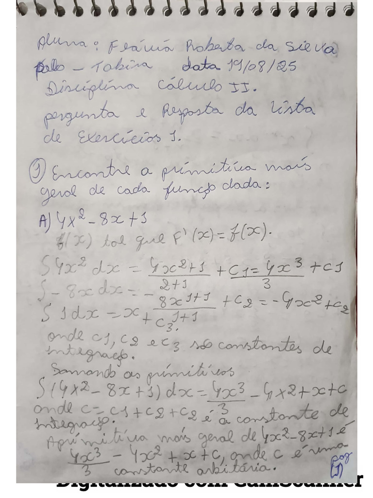 Pergunta e Resposta Da 1 Lista de Exercício de Cálculo II. 21-08-2025 ...