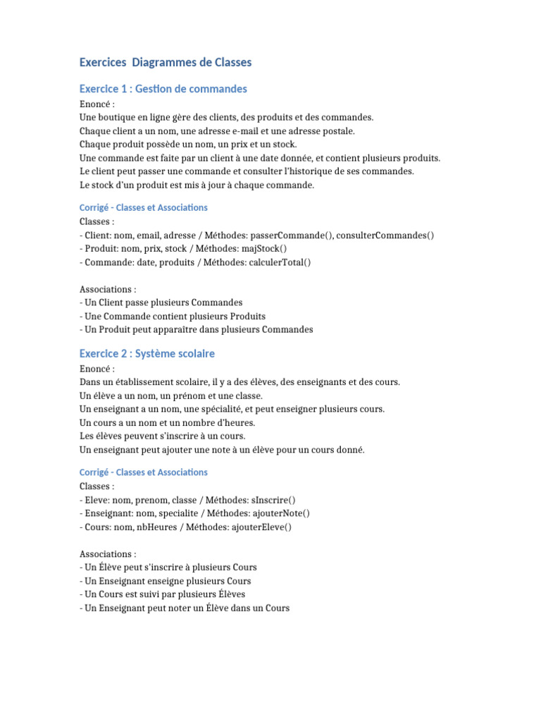 Exercices sur les diagrammes de classe | PDF