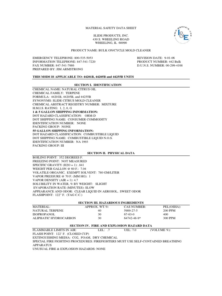 Bulk On/Cycle Mold Cleaner MSDS | PDF | Carbon Dioxide | Chemistry