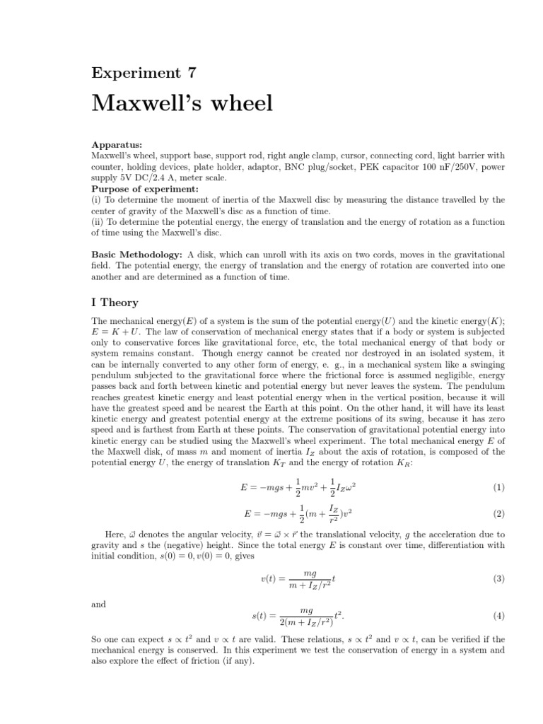 Maxwell's Wheel Experiment Overview | PDF | Potential Energy | Kinetic ...
