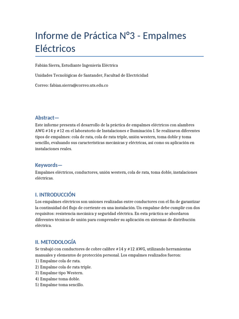 Informe_Empalmes_IEEE (1) | PDF | Ingenieria Eléctrica | Laboratorios
