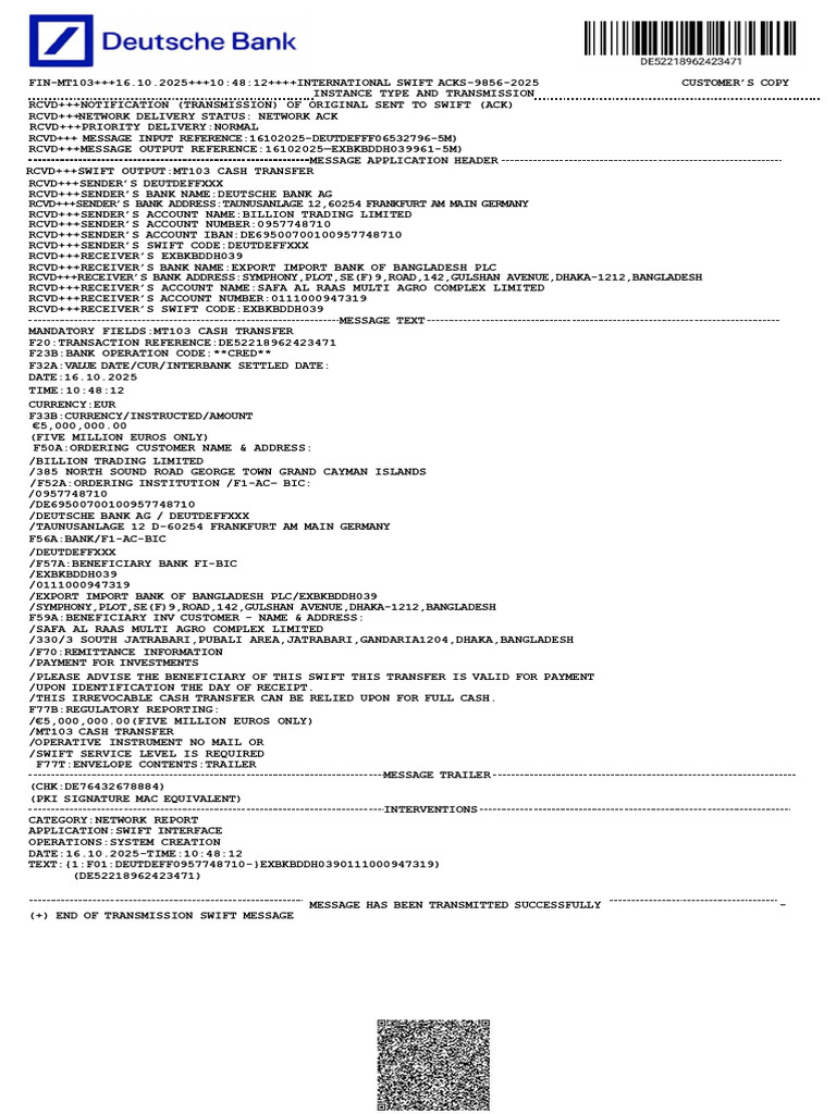 Swift Mt103 5m Euros Bangladesh 16102025 | PDF | Service Industries | Banking Technology