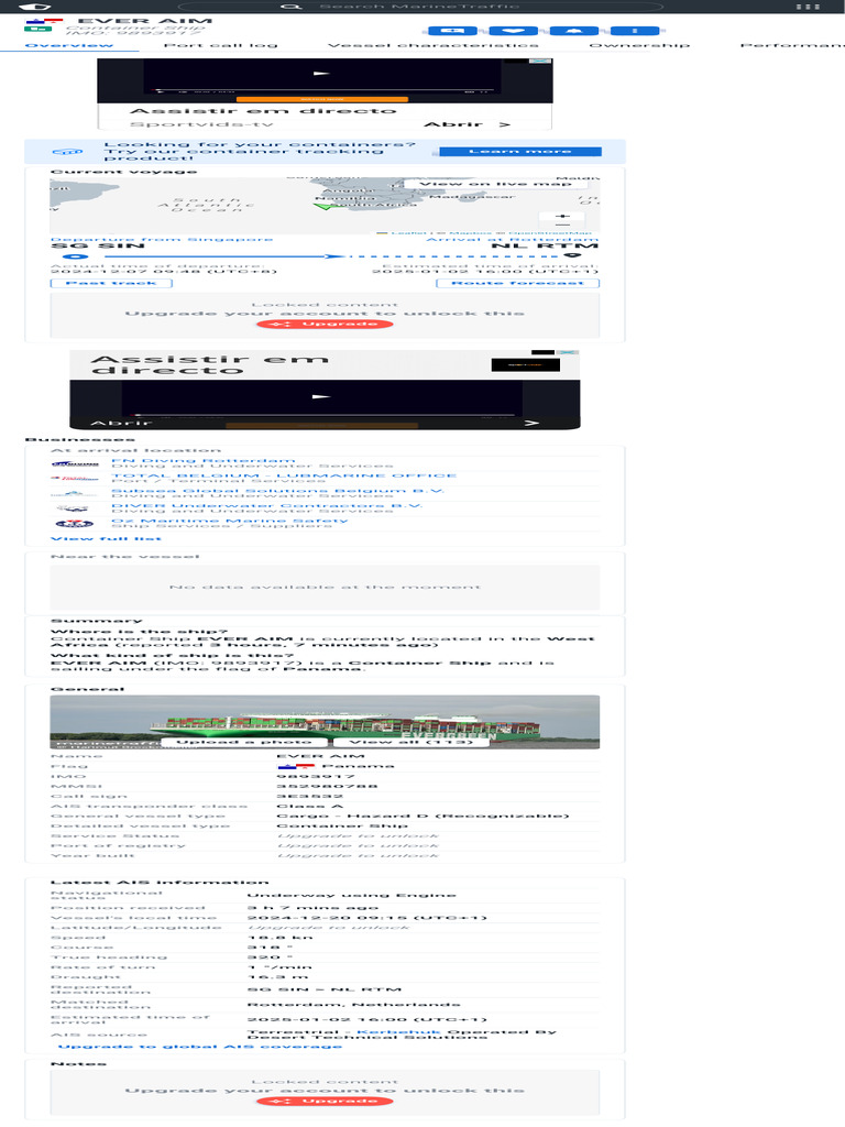 Vessel Characteristics Ship Ever Aim Container Ship Registered In