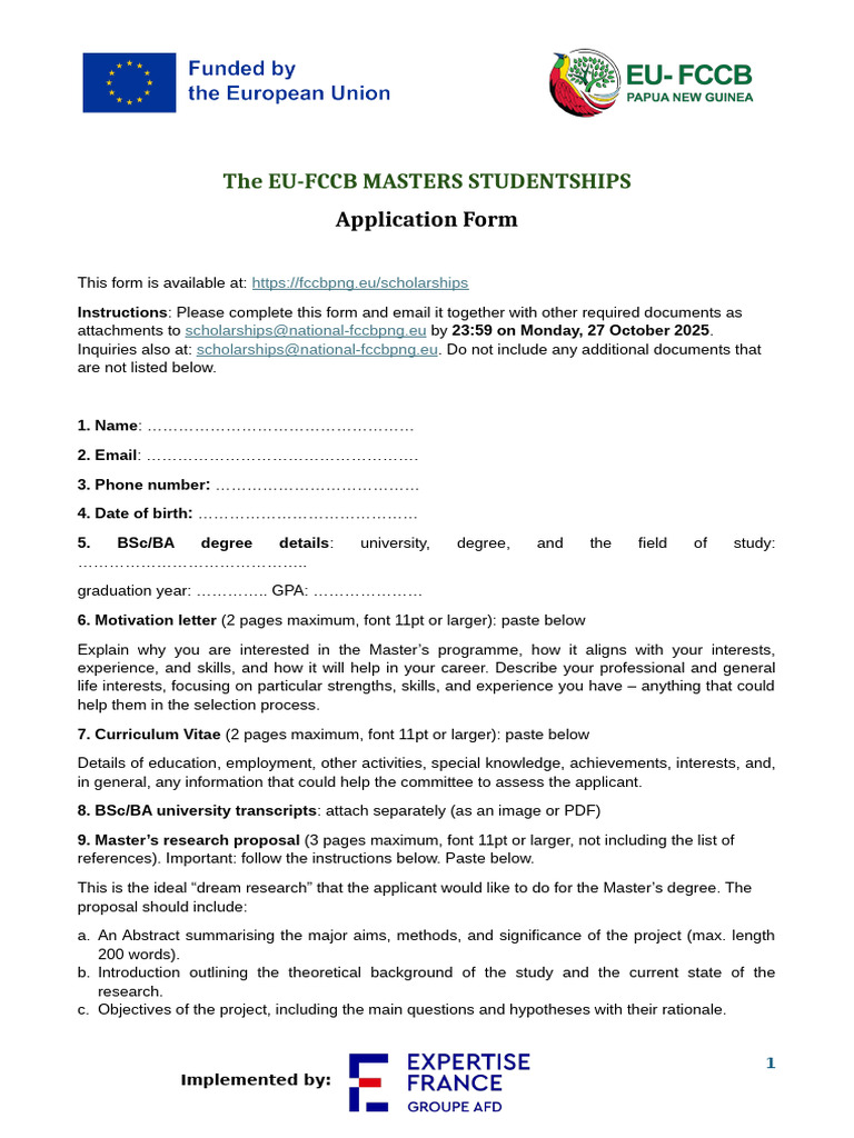 EU-FCCB Masters Studentships Application | PDF | Science