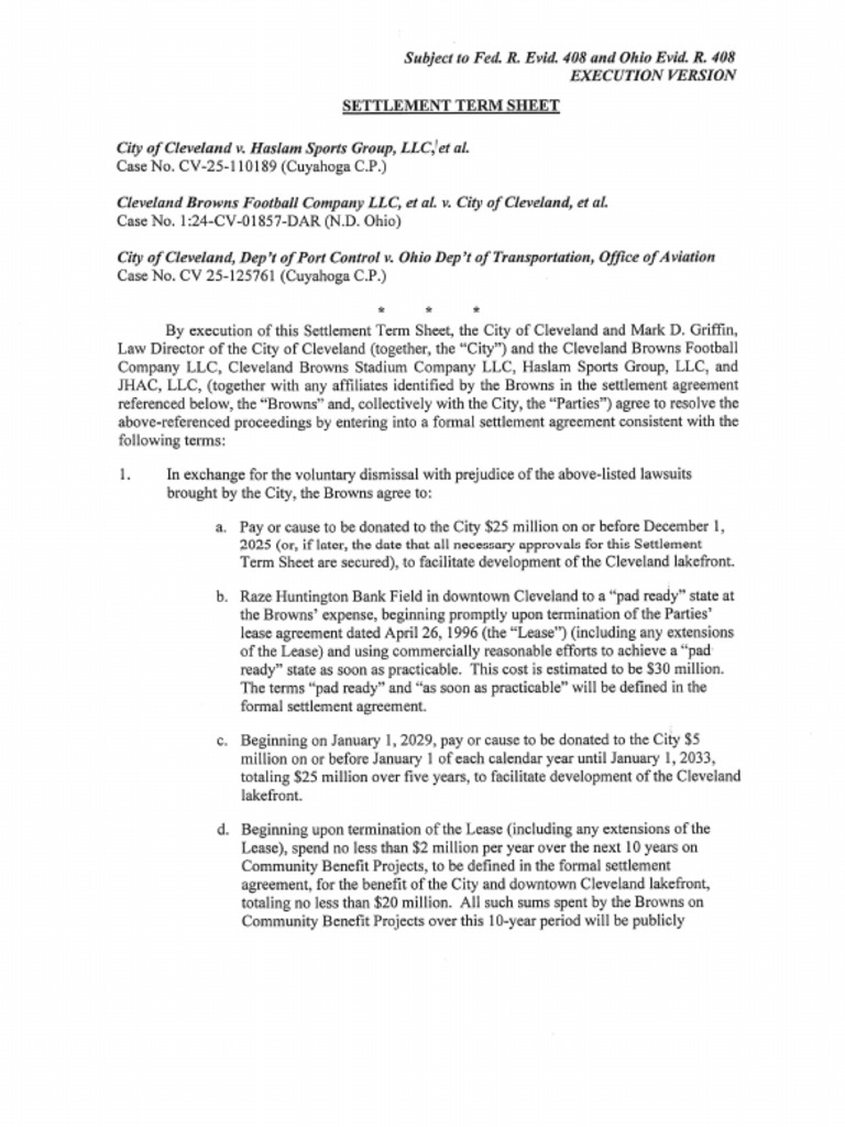 Settlement Term Sheet - City of Cleveland and Haslam Sports Group | PDF