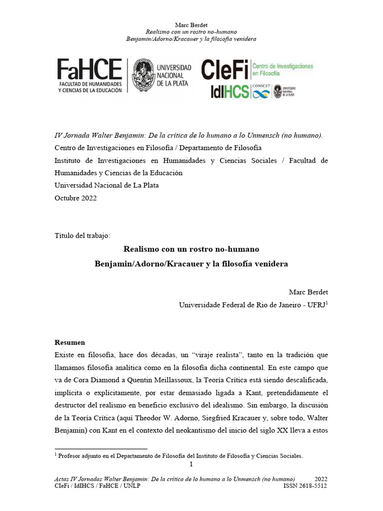 Realismo con un rostro no-humano: Benjamin/Adorno/Kracauer y la ...