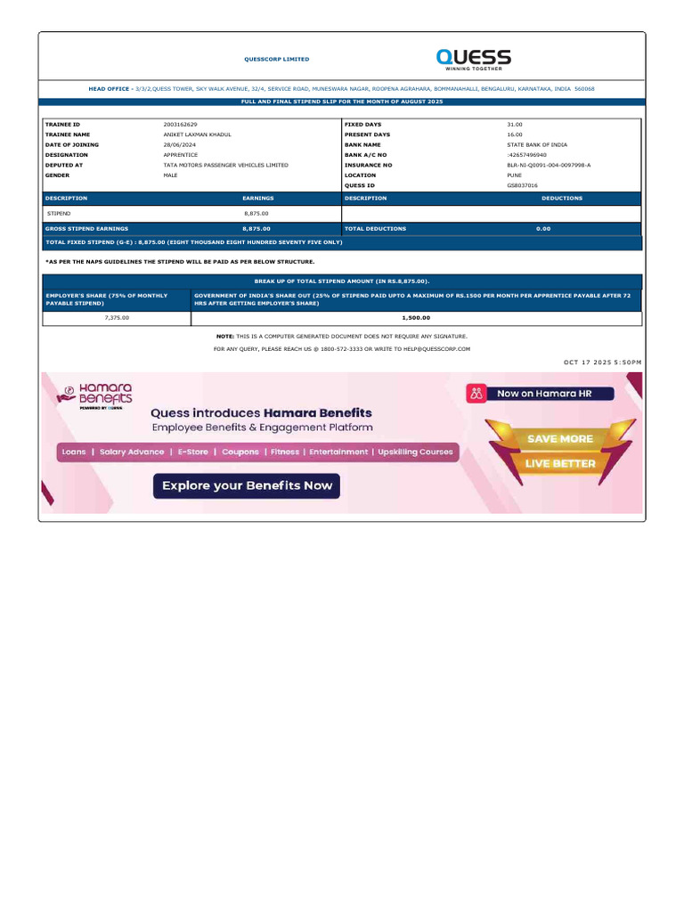 Full and Final Settlement Statement | PDF | Payments