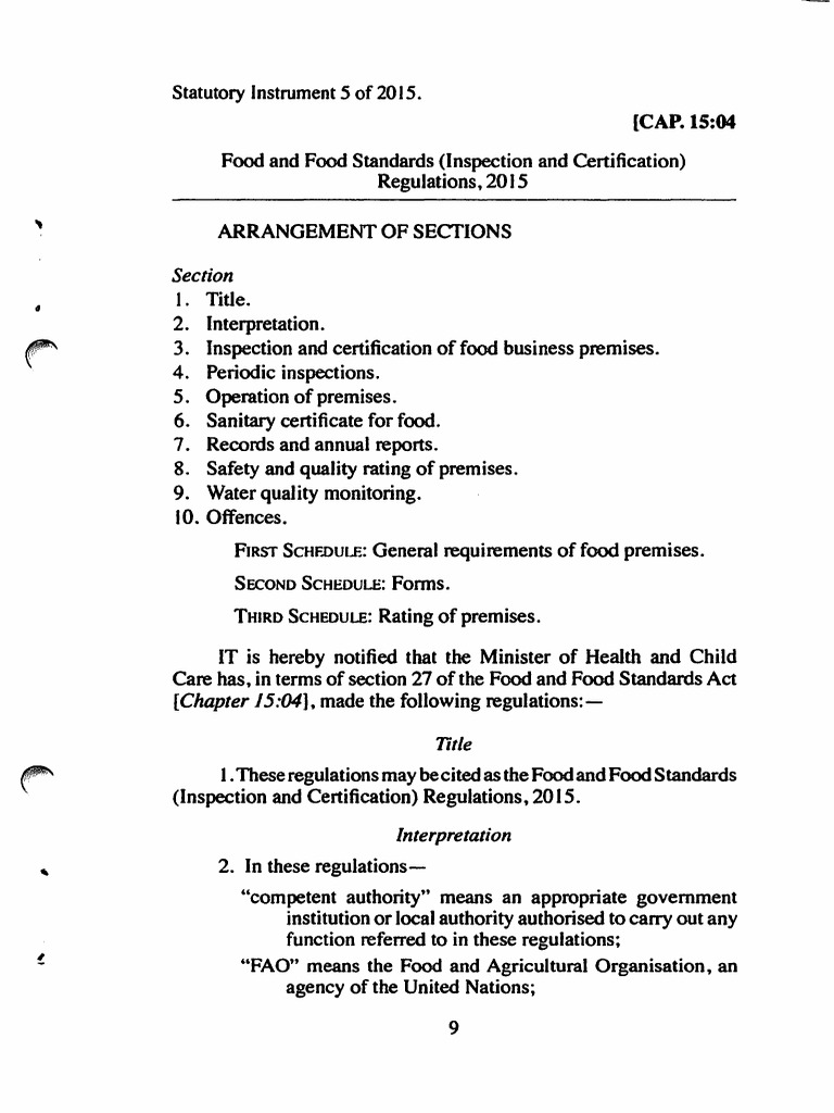 Food Standards Inspection Regulations 2015 | PDF | Food Safety | Sink