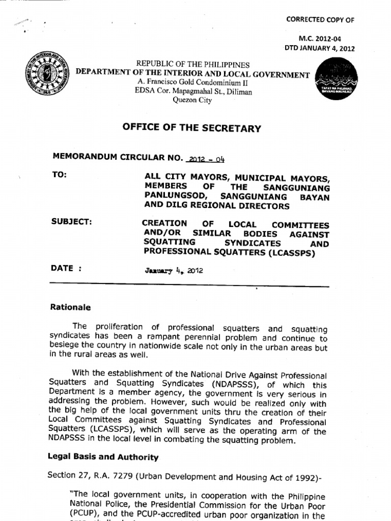 DILG Memo Circular 2012 04 | PDF | Squatting | Government DILG Memo Circular 2012 04 | PDF | Squatting | Government