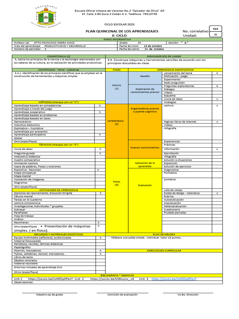 Plan Quincenal de Aprendizajes 5º A | PDF | Aprendizaje | Cognición