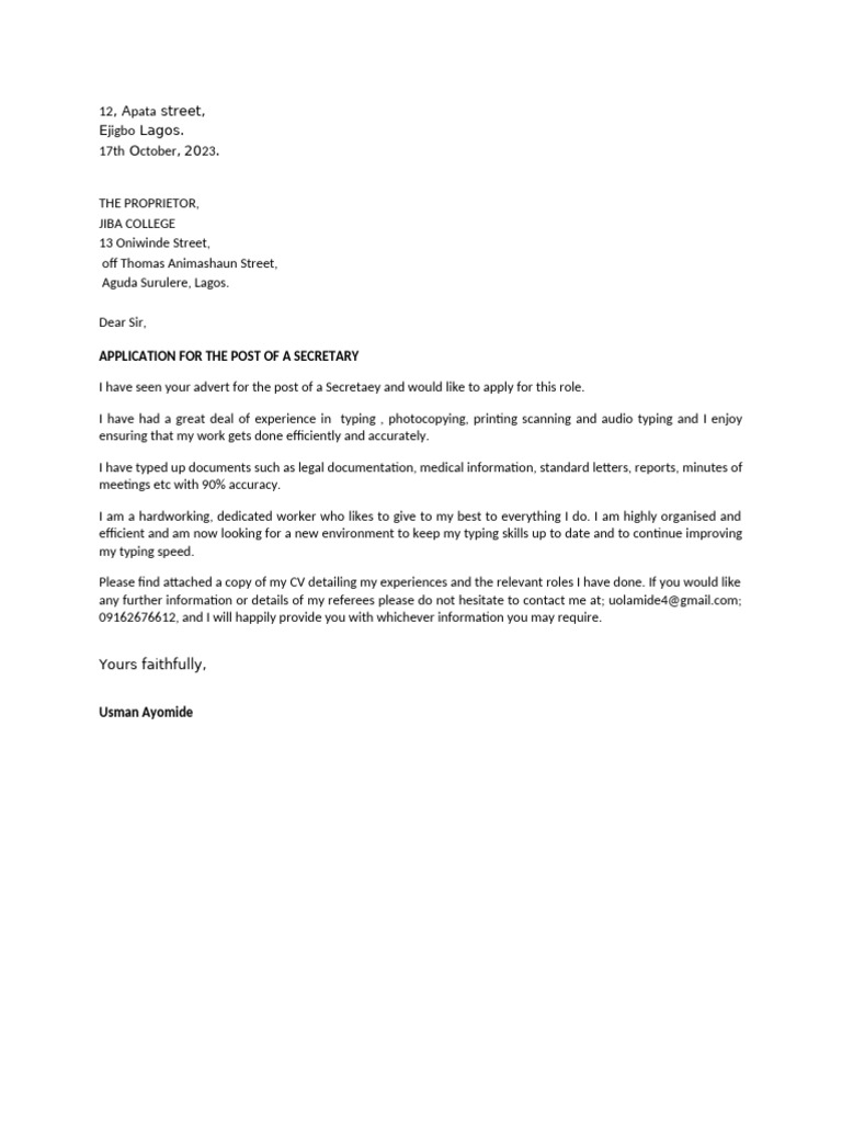 Job Application Letter For The Post of Secretary | PDF