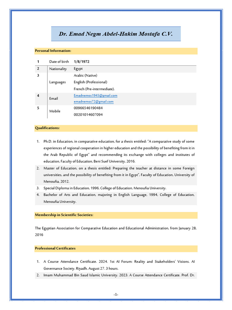 Cv 2025 June (English - عربي) Dr Emad | PDF | Learning | Cognition