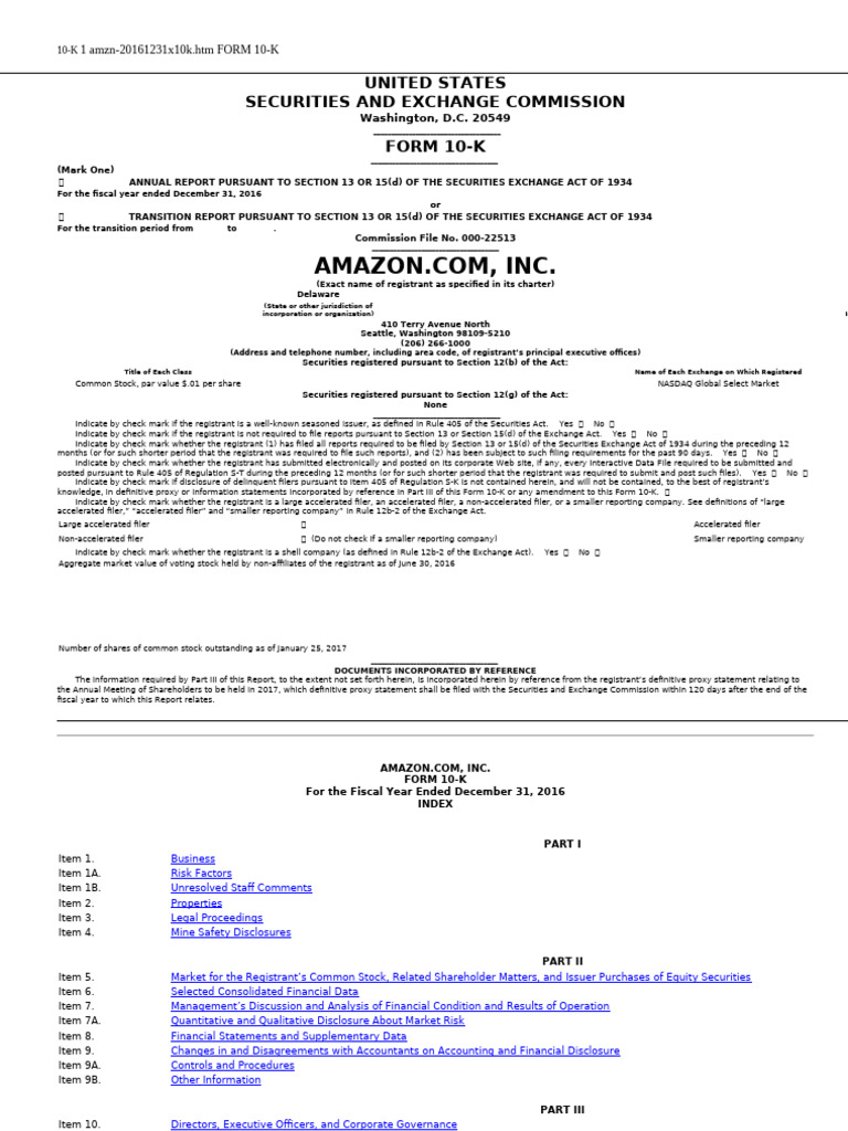Amazon 10-K Report 2016 Summary | PDF | Form 10 K | Mergers And ...