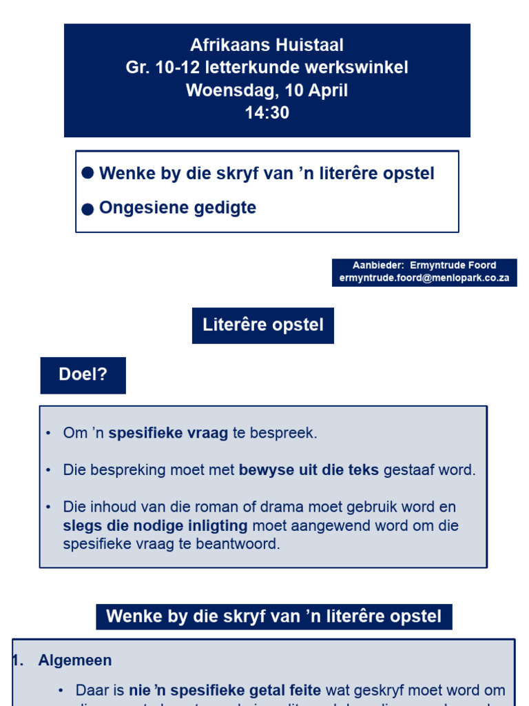 Literere Opstel en Ongesiene Gedig | PDF