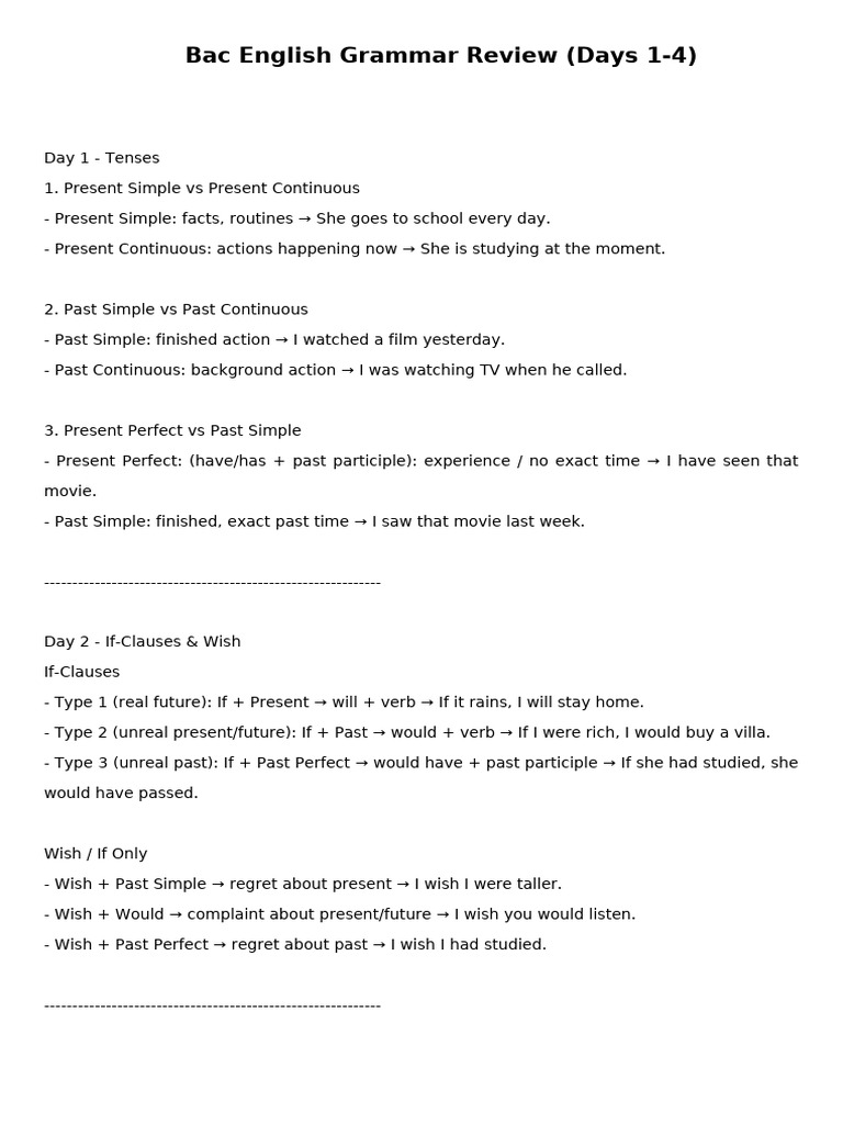 BAC English Grammar Review Guide | PDF | Perfect (Grammar) | Verb