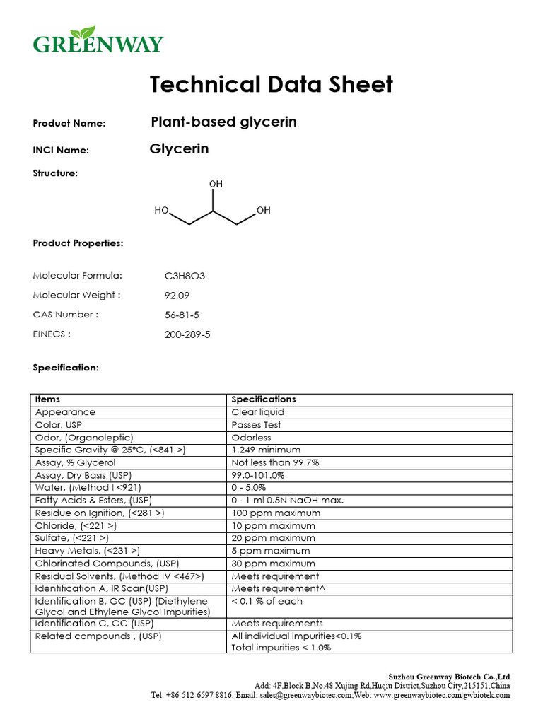 Plant-Based Glycerin Technical Data Sheet | PDF | Glycerol | Chemistry