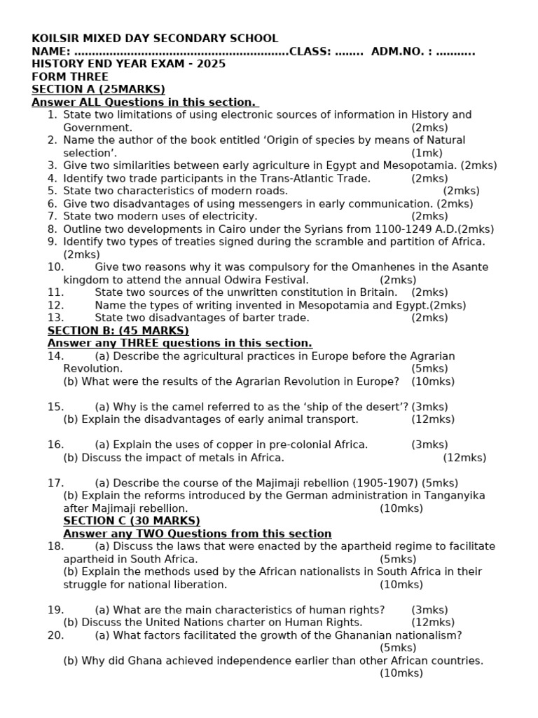 2025 History F3 PP2 QS End T3 S1 Teacher - Co - Ke | PDF | Africa