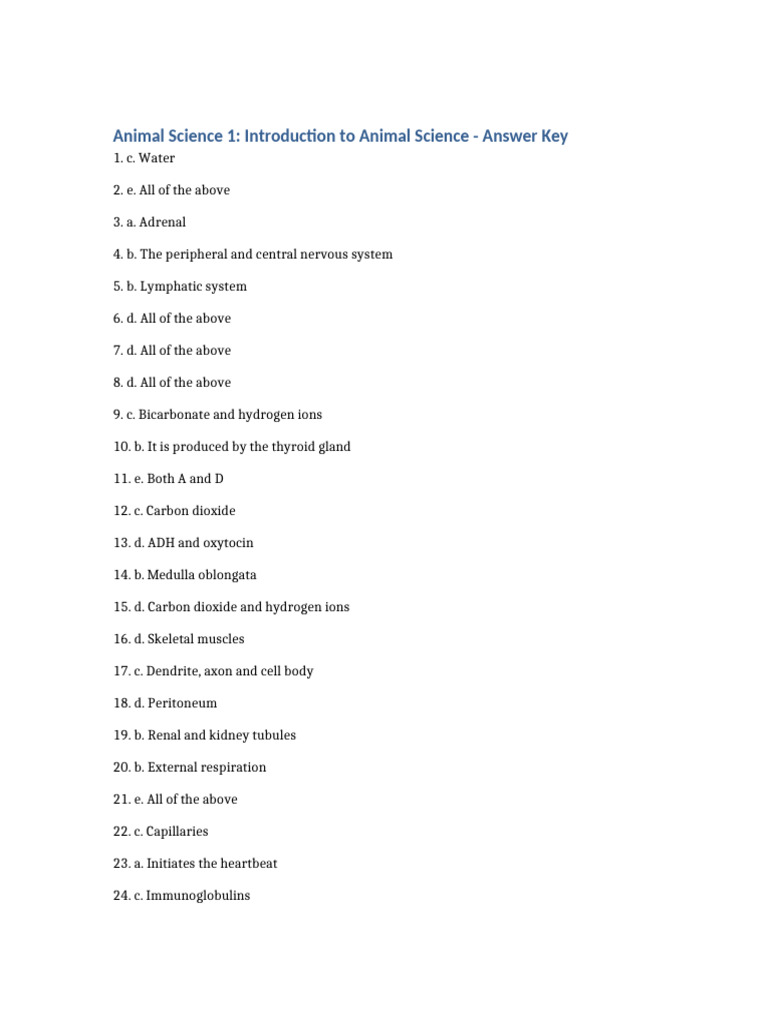 Animal Science 1 Answer Key Overview | PDF | Kidney | Respiratory System