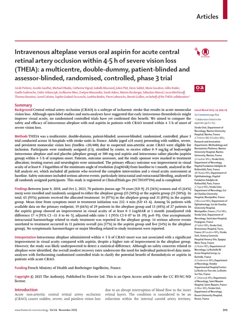 Intravenous Alteplase vs Aspirin in CRAO | PDF | Medical Specialties ...